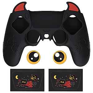 PlayVital Halloween Cute Demon Controller Silicone Case for ps5, Kawaii Controller Cover Gamepad Skin Protector for ps5 with Touch Pad Sticker & Thumb Grip Caps - Black