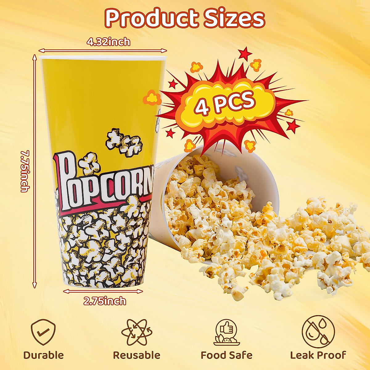 KORCCI Plastic Popcorn Containers 4Packs-Reusable Popcorn Bucket Retro Style for Movie Night, Classic Popcorn Bowl, 7.7"Tall x 4.4"Top Diameter,32oz