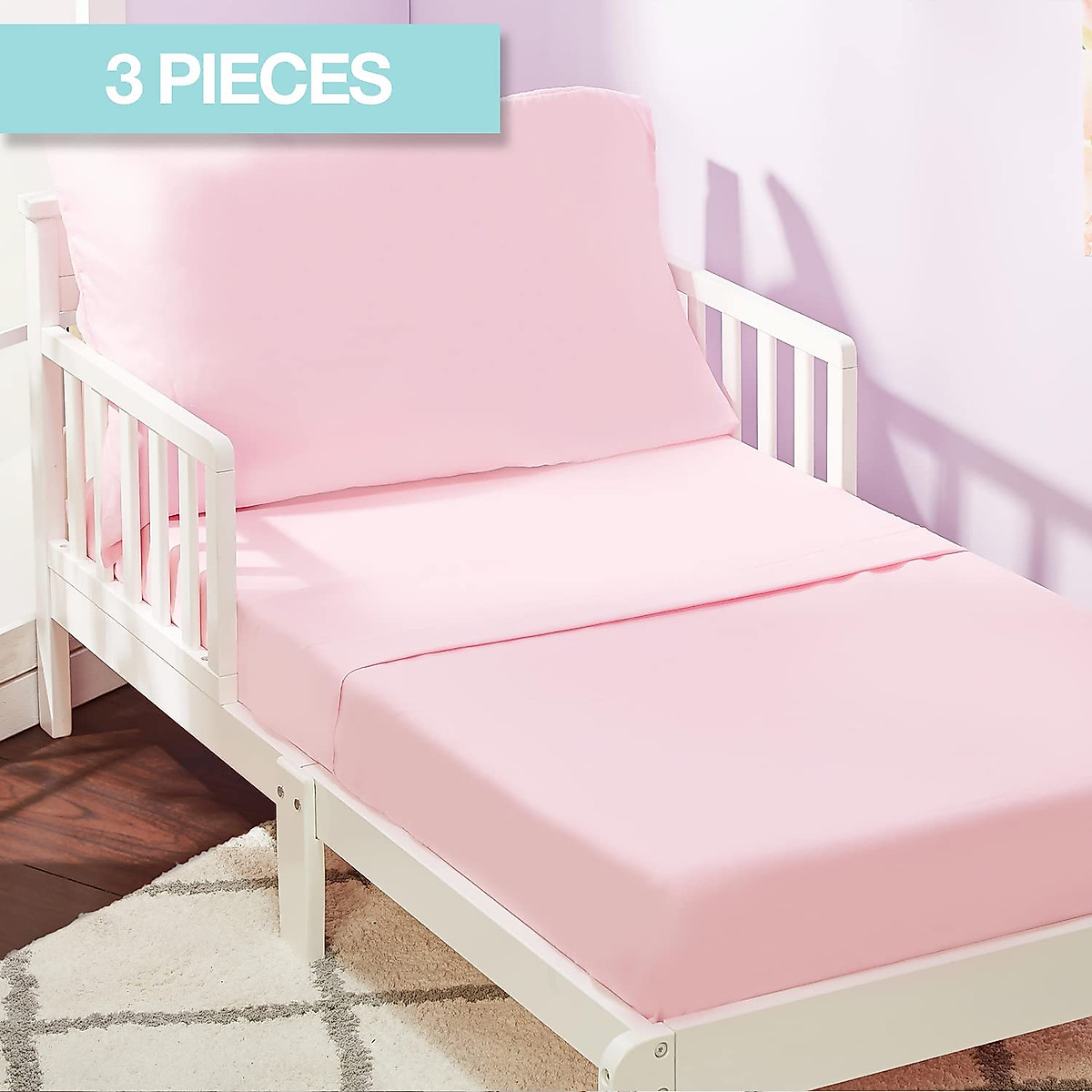 EVERYDAY KIDS 3 Piece Toddler Sheet Set - Soft Breathable Microfiber Toddler Bedding - Includes a Flat Sheet, a Fitted Sheet and a Pillowcase - Solid Pink