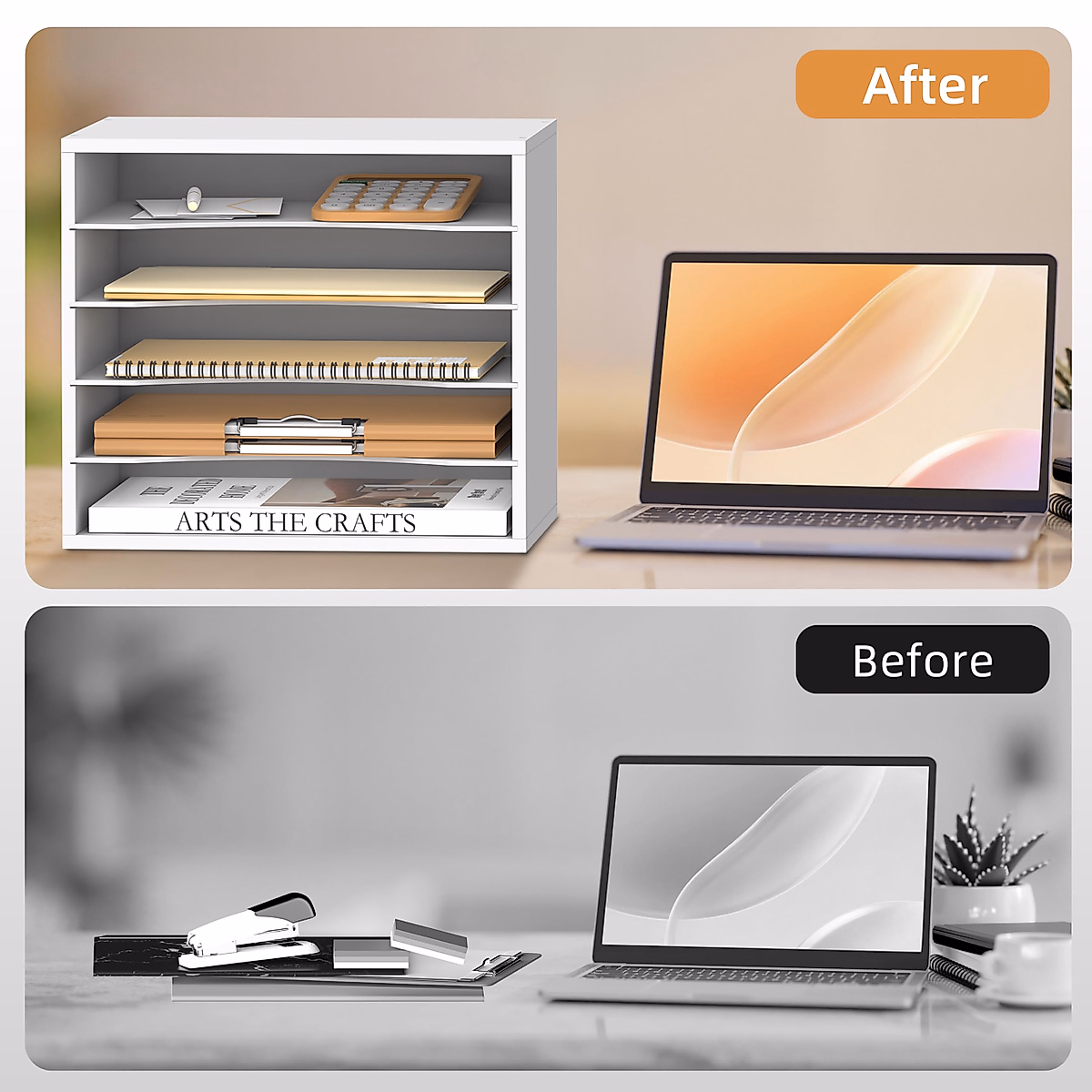 SHARKWOODS 5-Tier Paper Organizer for Desk, Wood Desktop Organizer with Adjustable Letter Tray, Mail Sorter for Office School & Home, White