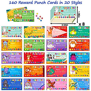160 PCS Behavior Punch Cards for Kids with Hole Puncher, Reward Cards for Students with 160 PCS Funny Punny Reward Stickers, Incentive Awards Loyalty Punch Cards for Classroom Teachers School Supplies