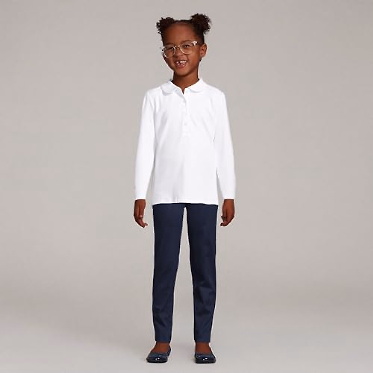Lands' End Uniform Girls Long Sleeve Plain Knit Peter Pan Polo White Kids Medium