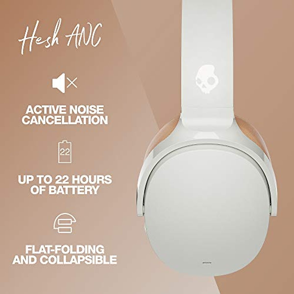 Skullcandy Hesh ANC Over-Ear Noise Cancelling Wireless Headphones, 22 Hr Battery, Microphone, Works with iPhone Android and Bluetooth Devices - Mod White