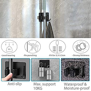HOMEASY Mop Broom Holder No Drill SUS304 Stainless Steel, Mop Broom Organizer Wall Mounted Heavy Duty with Hooks Hanger, Storage Rack Self Adhesive 4Pcs for Bathroom, Kitchen, Office, Black