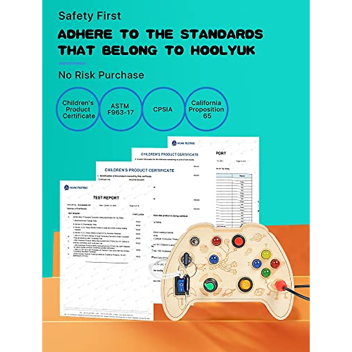 HOOLYUK Montessori Busy Board Toy for 1 2 3 Year Old Boy, Wooden Controller Sensory Toy for Autistic Children with LED Light Up Buttons, Early Learning Fidget Toy Great for Gift