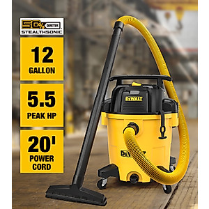 DEWALT 12 Gallon STEALTHSONIC Poly Wet/Dry Vacuum, DXV12P-QTA Newest Noise Reduction Vac, Heavy Duty Shop Vacuum for Jobsite/Workshop, Reduce Motor Noise, Yellow