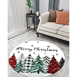 Buffalo Plaid Tree Fluffy Round Area Rug Carpets 3.3ft, Plush Shaggy Carpet Soft Circular Rugs, Non-Slip Fuzzy Accent Floor Mat for Living Room Bedroom Nursery Decor Christmas Red Green Black Dots