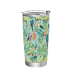 Parrots Tropical Plants Green Stainless Steel cups for hot and cold with Straw Leak Resistant Flip coffee mug to go for café reusable flip straw tumbler 20 OZ
