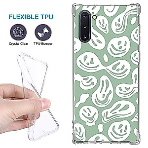 zaztify Phone Case for Samsung Galaxy Note 10 5G/4G, Pastel Green White Funny Trippy Dripping Smile Melted Hippie Smiling Skull Ghost Face Cute Pattern Shockproof Protective Soft Clear Cover Shell