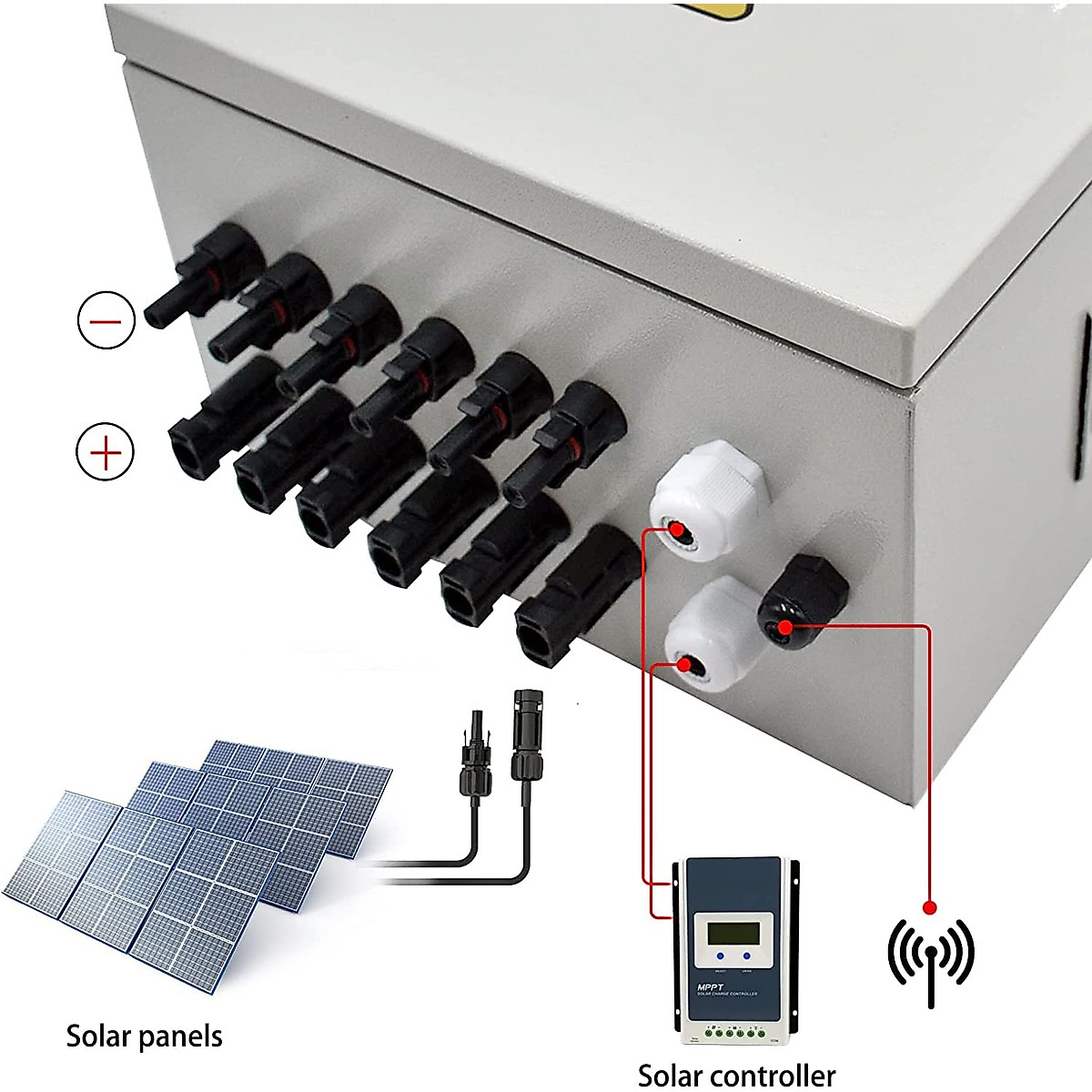 PV Combiner Box, 6 String Waterproof Solar Combiner Box with Circuit Breaker LED, 10A Rated Current Fuse with Lightning Arrester and 63A DC Breaker Solar Connector for On/Off Grid Solar Panel System