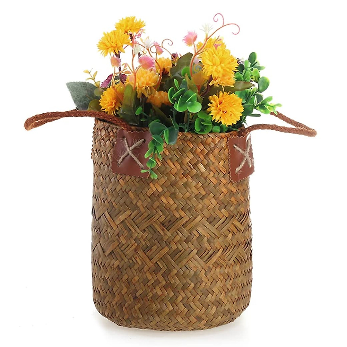 CNAFGBGG 2PCS Seagrass Woven Basket Seagrass Storage Basket Straw Belly Storage Flower Plant Pot Vase Organizer with Handles for Laundry Picnic Grocery