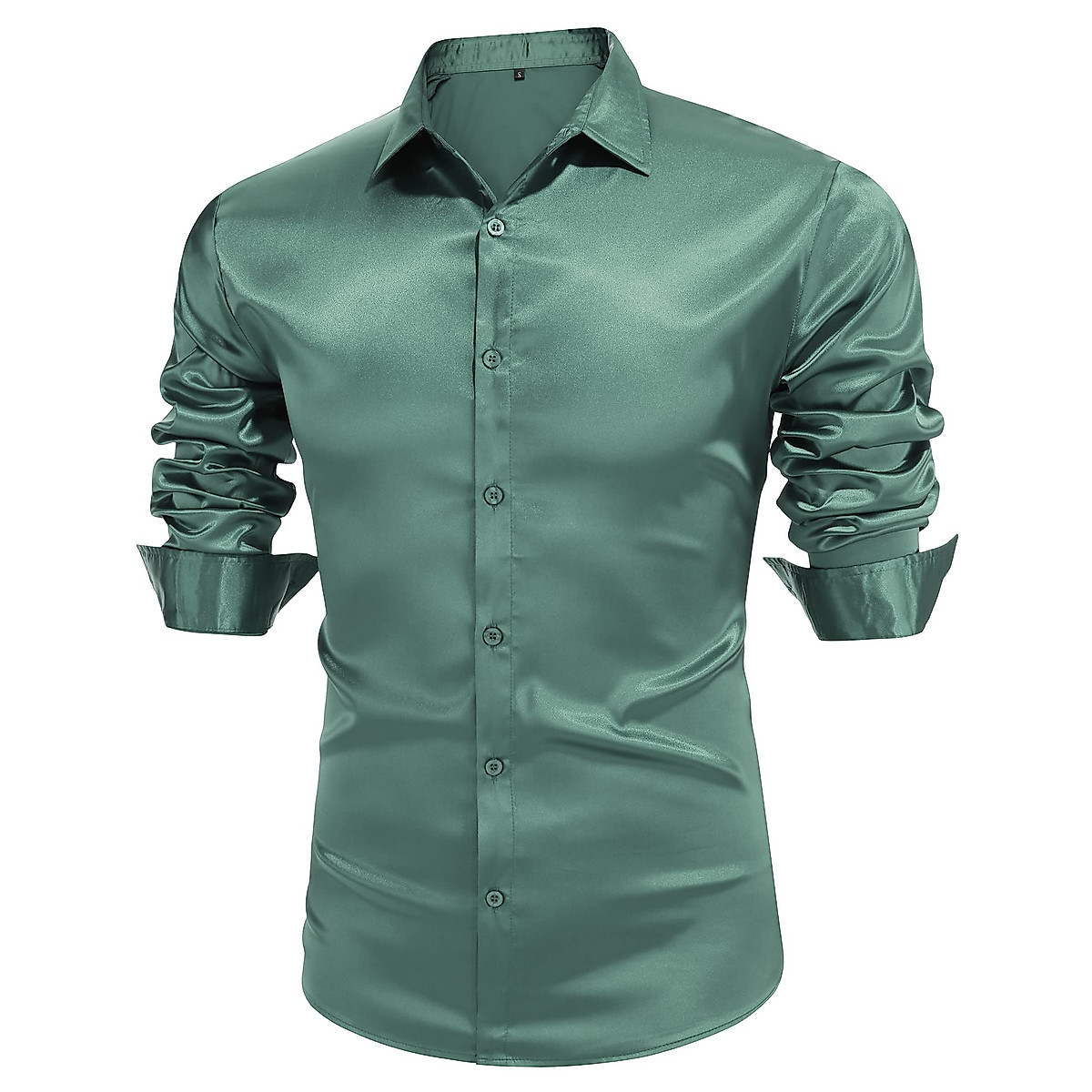 URRU Men's Luxury Shiny Silk Like Satin Dress Shirt Long Sleeve Slim Fit Casual Muscle Button Up Shirts Light Green L