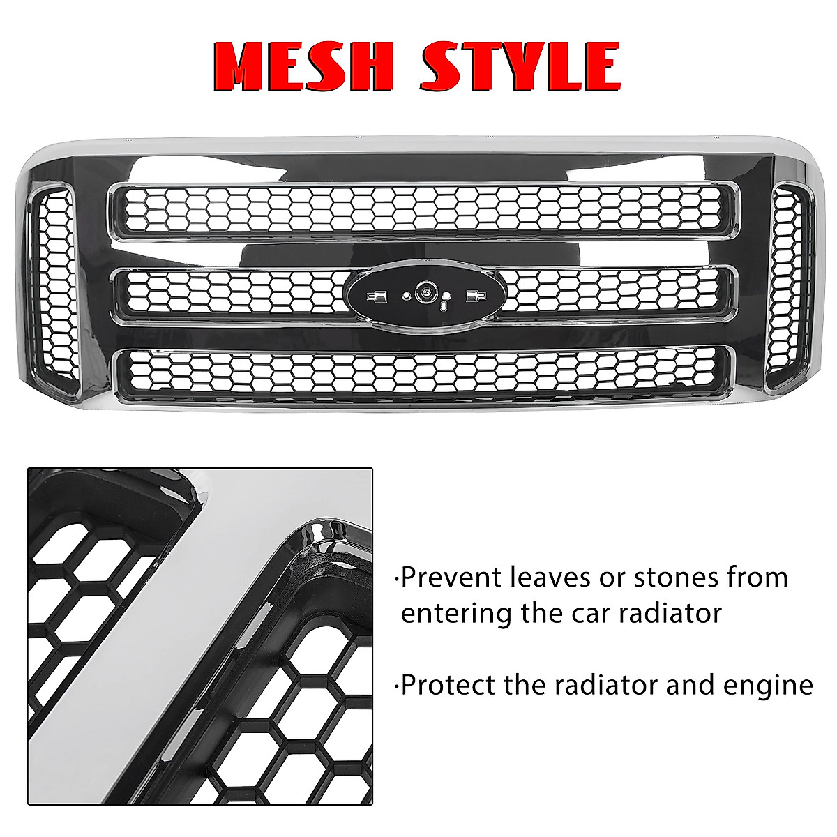 ECOTRIC Front Grille Compatible with Ford 1999-2004 F250 F350 Super Duty 2000-2004 Excursion New Grille Chrome Mesh Style