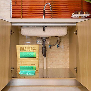 Antallcky Bamboo Trash Bag Dispenser Roll Holder 13 Gallon 2 Rooms,Garbage Bag Storage Dispenser Organizer Wall Mount or Under Sink for 2 Rolls of Plastic Bags(Up to About 160 Bags)