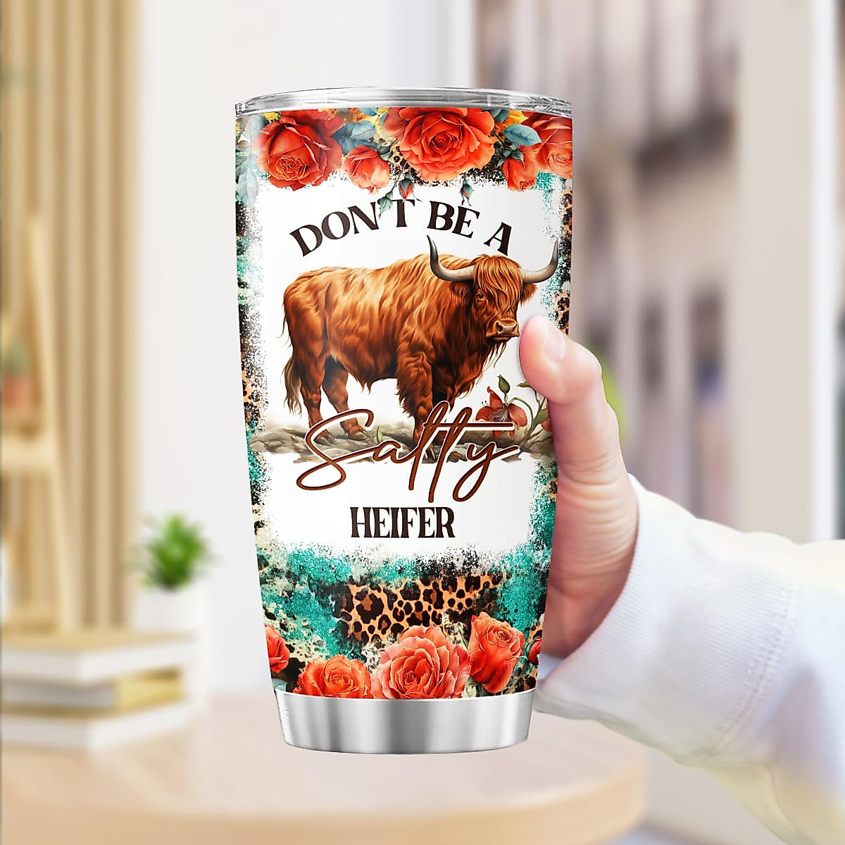 Salty Heifer, Tumbler 20 Oz With Lid And Straw, Leopard Print Flower Floral, Highland Cow Gifts