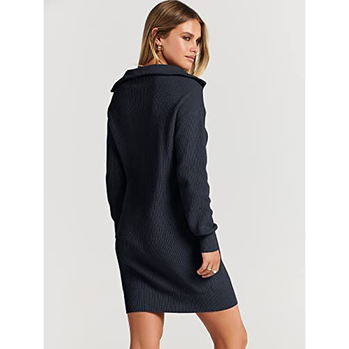 ANRABESS 2023 Fall Long Sleeve Womens Sweater Dress Oversized Lapel Collar Button V Neck Ribbed Loose Fit Casual Trendy Pullover Short Mini Fashion Dresses B782zanglan-L Navy Blue