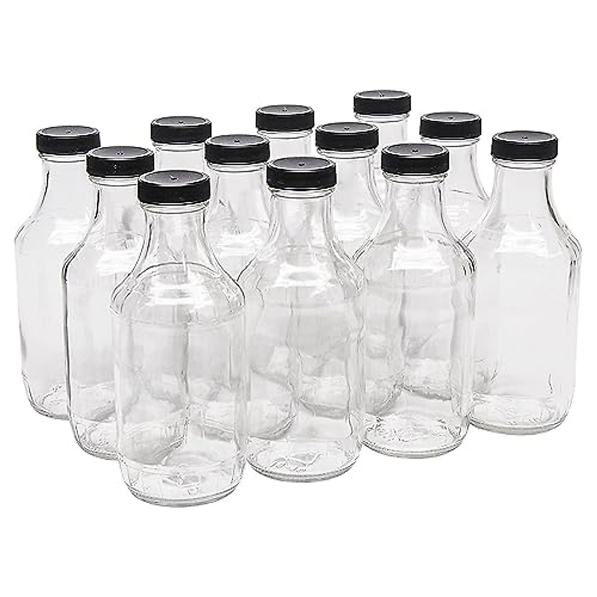 North Mountain Supply 16 Ounce Glass Sauce Bottle - with 38mm Black Plastic Lids - Case of 12