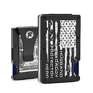 Minimalist Wallet for Men - Engraved American Flag Husband Daddy Protector Hero - Front Pocket Card Holder - RFID Blocking Metal Wallet - Aluminum Slim Money Clip - Tactical Wallet for Business Travel