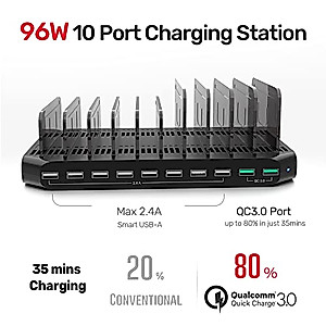 Unitek USB Charging Station for Multiple Devices, Charger Organizer Stand Dock with Dividers, Quick Charge 3.0 Compatible for Smartphone, Tablet, iPad and Other Electronics