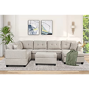 P PURLOVE Sectional Sofa, Large Sectional Sofa with Storage Ottoman, U Shaped Linen Sectional Couch with 2 Throw Pillows for Living Room, Large Space Apartment (Beige)