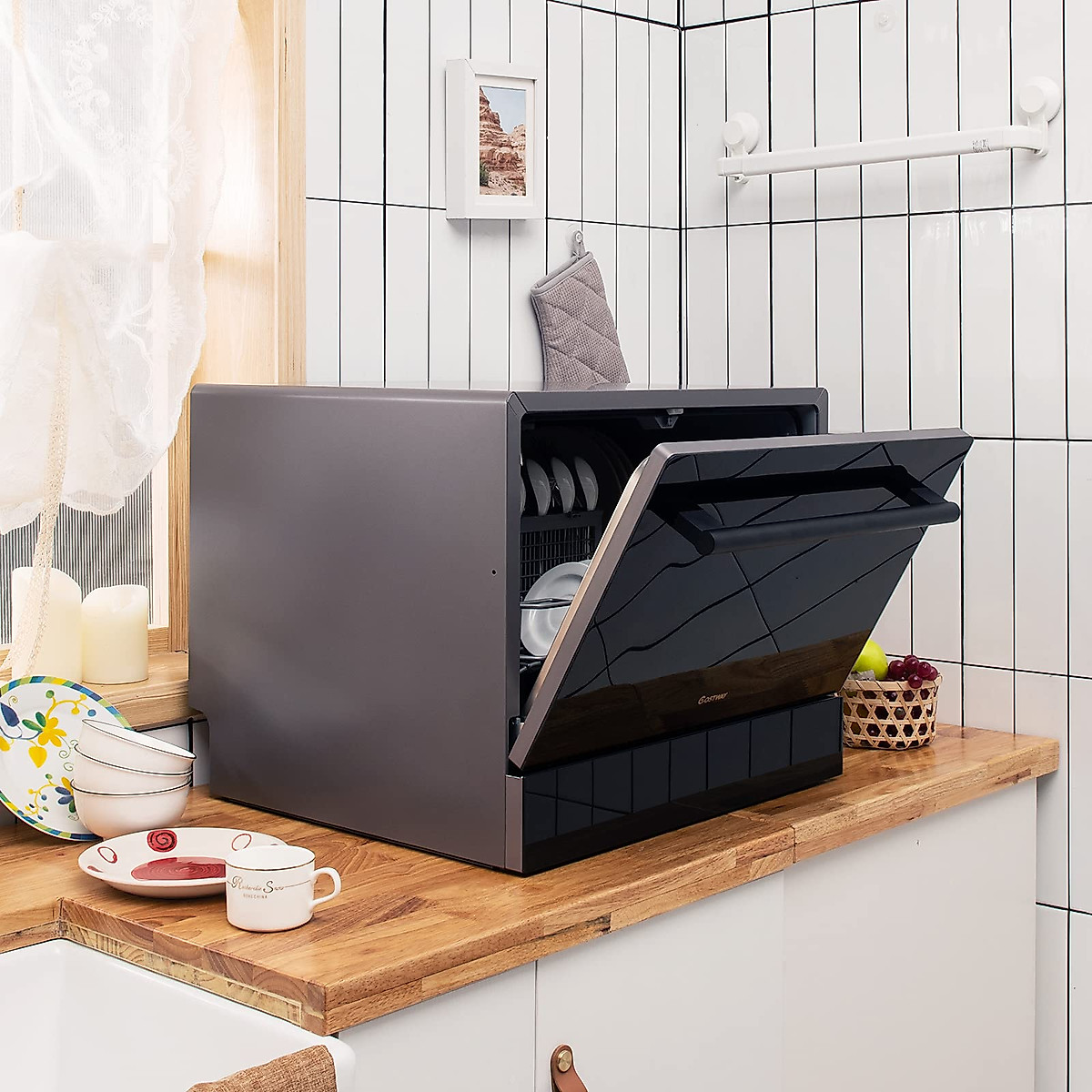 COSTWAY Countertop Dishwasher, 6 Place Settings Built-in Dishwasher with 72 H Preserve, Air Dry Function, LED Touch Control, 5 Washing Programs, Dish Washer for Apartments, Dorms, RVs (with doorknob)