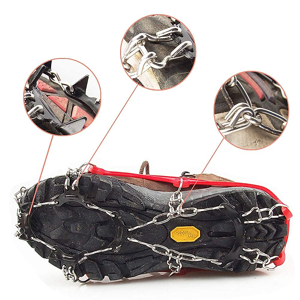 LINXGR 11-Spikes Kids Crampons Teens Ice Cleats for Shoes and Hiking Boots 11 Teeth Anti Slip Crampons Small for Camping Hiking Walking Shoes, Teens (Red, Large for Big Kids/Teenagers)