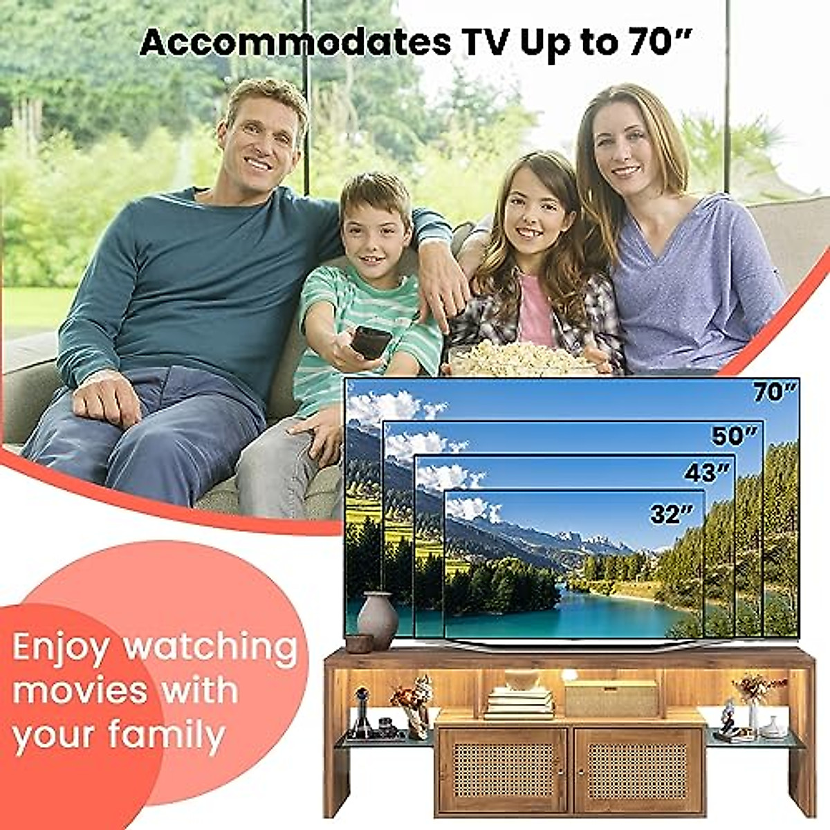 Lyromix LED TV Stand for Televisions up to 70 Inches Modern Rattan Entertainment Center with Cabinet Storage and 2 Door, Large Boho Media Console Table for Living Room, Natural