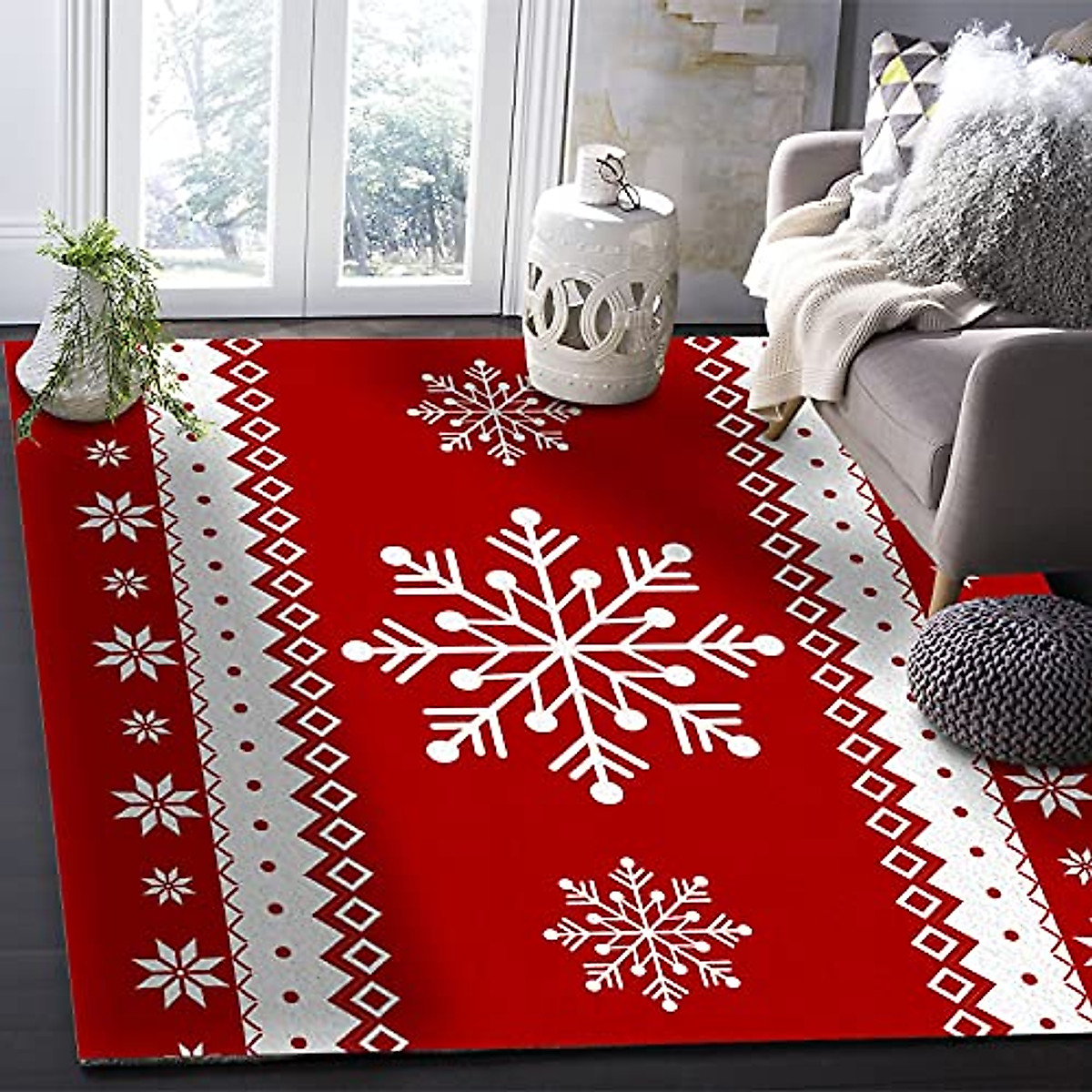 Christmas Area Rugs Living Room Floor Mat Chrsitmas Snowflake Winter Snow Red Background Collection Non-Slip and Washable Carpets for Indoor Bedroom Kids Room Home Decor, 2x3 Feet