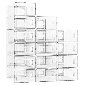 Fixwal 15 Pack Large Capacity Shoe Organizer Storage Boxes Foldable Shoe Storage Containers Clear Plastic Stackable Shoe Storage Bins for Closet, Space Saving