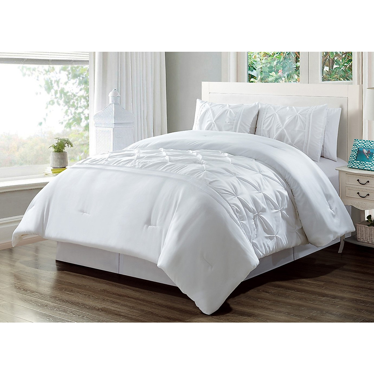 Grand Linen 3 Piece King Size Solid White Double-Needle Stitch Puckered Pinch Pleat Stripe Duvet Cover Set