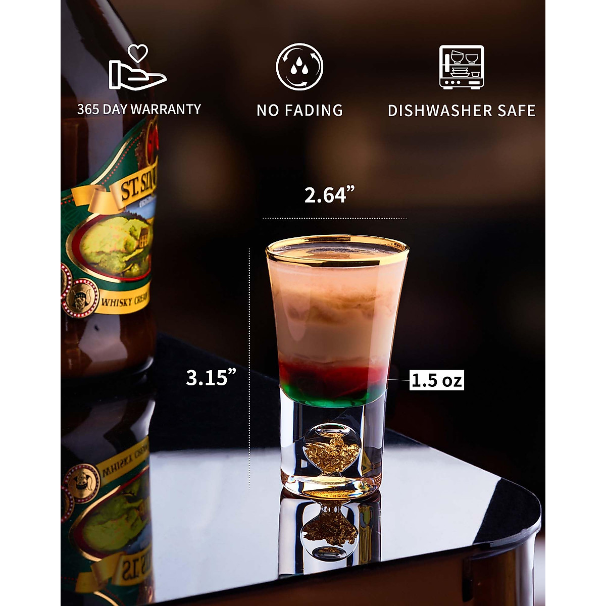 JBHO 1.5 Oz 24K Gold Rim and Base Shot Glasses Set of 6, Crystal Heavy Base, Cool and Fancy, Serving Tequila, Liquor, Bourbon, Vodka and Whisky, Unique Christmas Gift