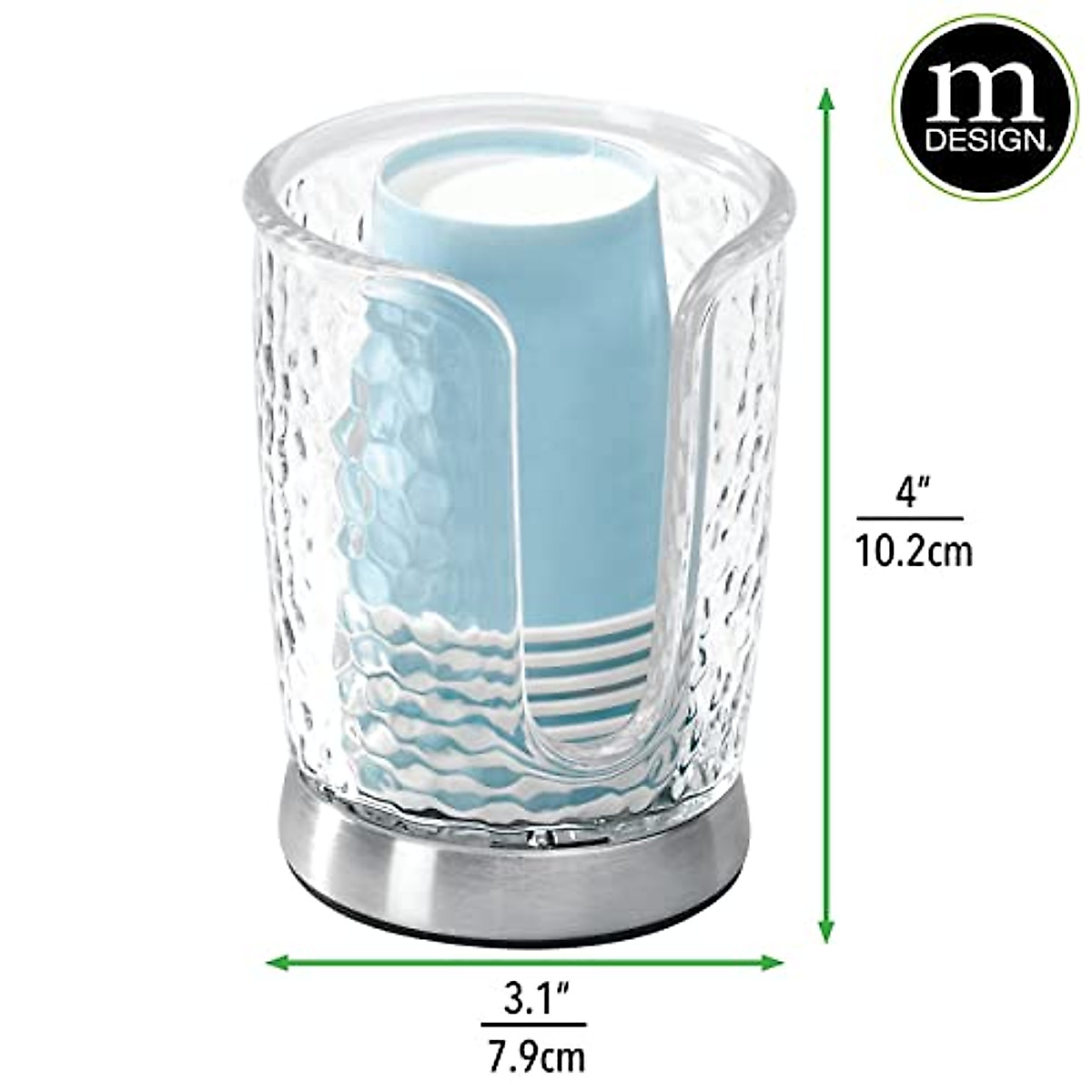 mDesign Plastic/Steel Compact Small Disposable Paper Cup Dispenser Storage Holder for Rinsing Cups on Bathroom Vanity Countertops - Rain Collection - Clear/Brushed