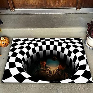 CHENJIEUS Halloween Area Rug,Black White Plaid Round Rugs 3D Visual Optical Floor Mat,Funny Clown Optical Illusion Rug for Living Dinning Room Bedroom Kitchen, 60 x 90 cm (MEI-DITANG-GUO-01)