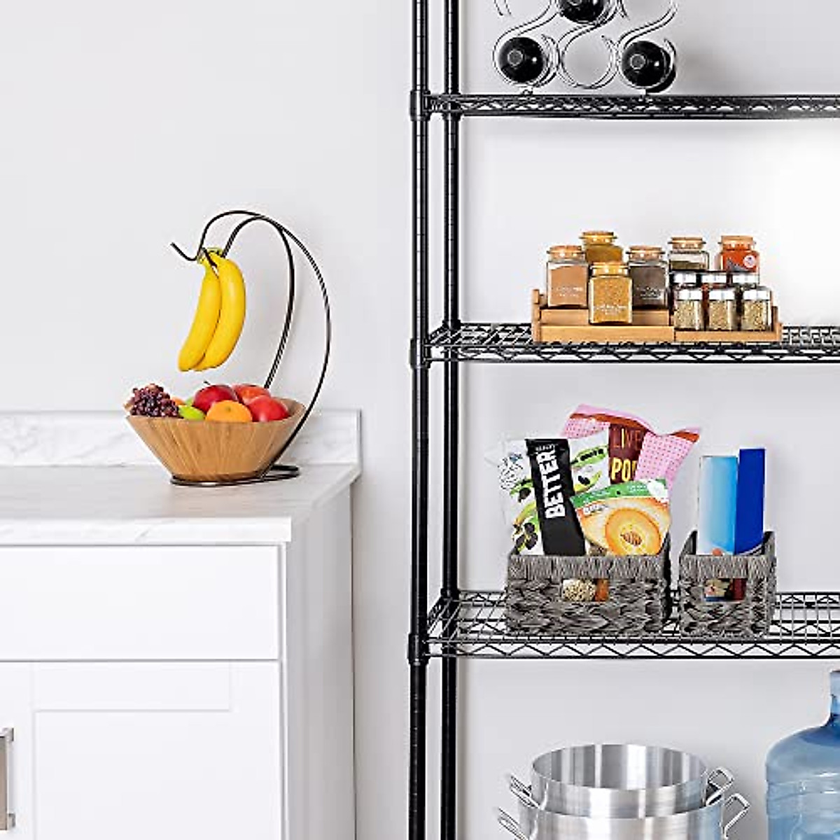 Seville Classics Premium Bamboo Fruit Bowl w/Steel Banana Tree Hook, Kitchen Counter Storage for Fruit, Vegetables, Mixed Nuts, 13" L x 11" W x 17.3" H