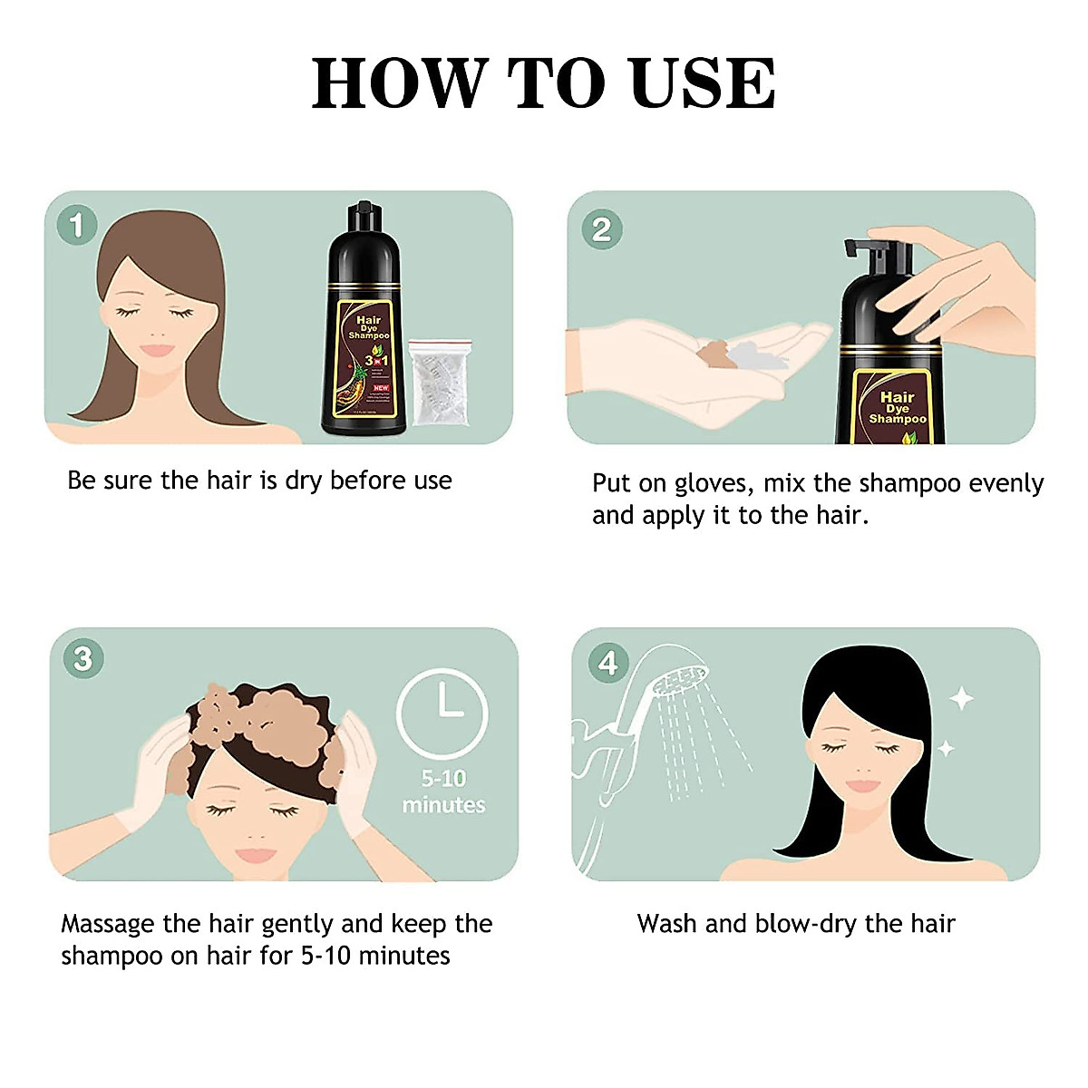 TSSPLUS Hair Dye Shampoo 3 in 1, Ginger Essence Black Hair Dye 16.9 Fl Oz, Black Hair Shampoo, Semi-Permanent Hair Color For Men and Women, 100% Gray Hair Coverage, Safe and Hair herbal shampoo