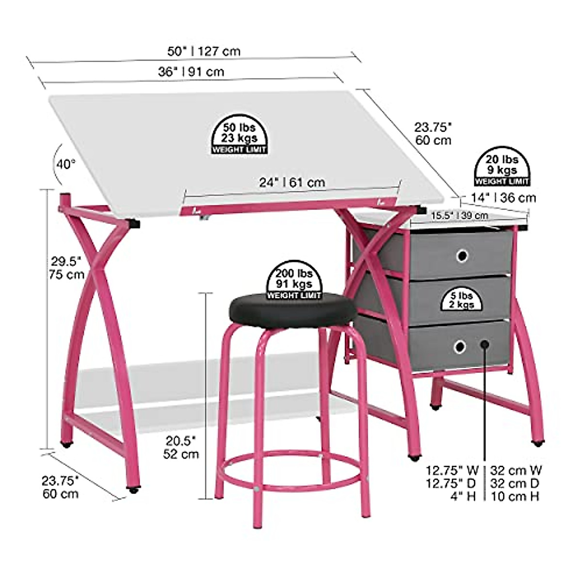 SD STUDIO DESIGNS 2 Piece Comet Center Plus, Craft Table and Matching Stool Set with Storage and Adjustable Top, 50" W x 23.75" D x 29.5" H, Pink/White