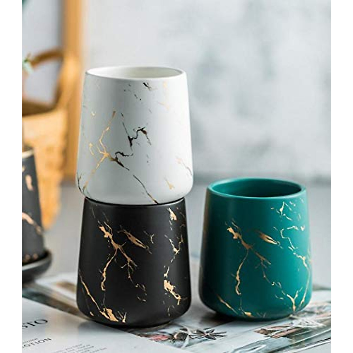 Bathroom Accessories Set Complete, 3 or 4 Ceramic Marble Pattern Bathroom Sets Accessories Bath Accessories Set with Soap Dispenser, Toothbrush Holder, Tumbler, Soap Dish (Matte White（Four Piece）)