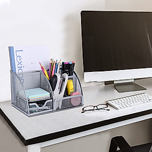 Desk Organizer Office Accessories, Multi-Functional Mesh Desk Organizer with 6 Compartments and 1 Drawer for Home, Office, School, Workshop, kitchen (Silver)