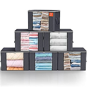 FEXIA 6 Pack 90L Large Clothes Storage Bag Foldable Closet Organizer and Storage Bin with Reinforced Handle Clear Window Sturdy Zipper Thick Farbic for Quilts, Comforters, Blankets, Bedding(Gray)