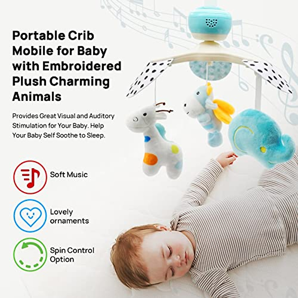 Duomilee Baby Mobile for Crib, Portable Mobile Crib for Baby with Relaxing Music, Rotatable and Length-Adjustable, Nursery Mobiles for Bassinet with Animals Toys for Newborn Aged 0-5 Months(Blue)