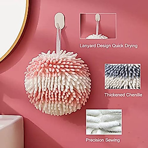 Chenille Quick Dry Hand Towel, 3 Pack Absorbent Bath Hand Puff Towel Balls Hand Fuzzy Towels Kitchen Hanging Bathroom Towels with Loops for Bathroom, Your Kids Hands Fast Drying,Blue ,Pink and Yellow