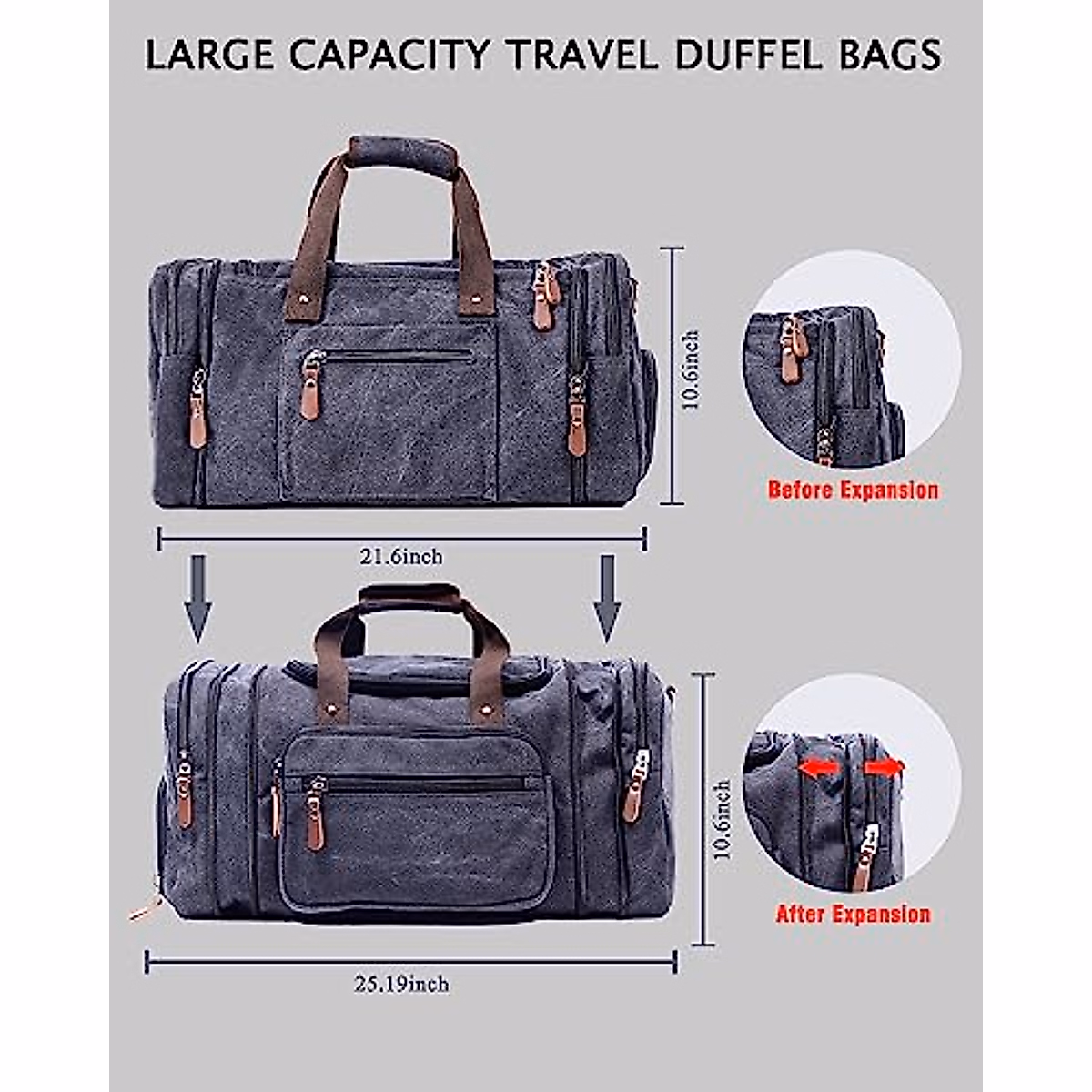 Canvas Duffle Bag Mens with Shoes Compartment，（50L/55L）Travel Bag for Men Adjustable Capacity Weekend Overnight Bag Carry on Bag Hospital Holdalls (Black)