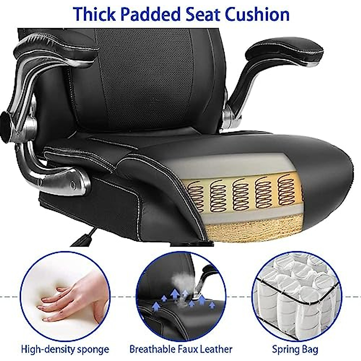 KCREAM Comfortable Executive Office Chairs with Back Support & Flip up Arms, 90-120° Rocking Faux Leather Ergonomic Home Desk Chairs Managerial Chair (Black)