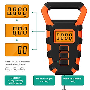 ORIA Digital Fishing Scale with Ruler, Fishing Postal Hanging Hook Scale, 110lb/50kg Waterproof Luggage Scale with Measuring Tape, Luggage Hook, Backlit LCD Display, Orange