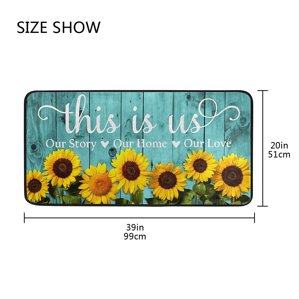 Teal Turquoise Green Wooden Sunflowers Kitchen Rugs Non Slip This is us Our Story Our Home Our Love Kitchen Mats Doormat Bathroom Runner Area Rug for Kitchen Decor, Washable, 39 x 20 Inch