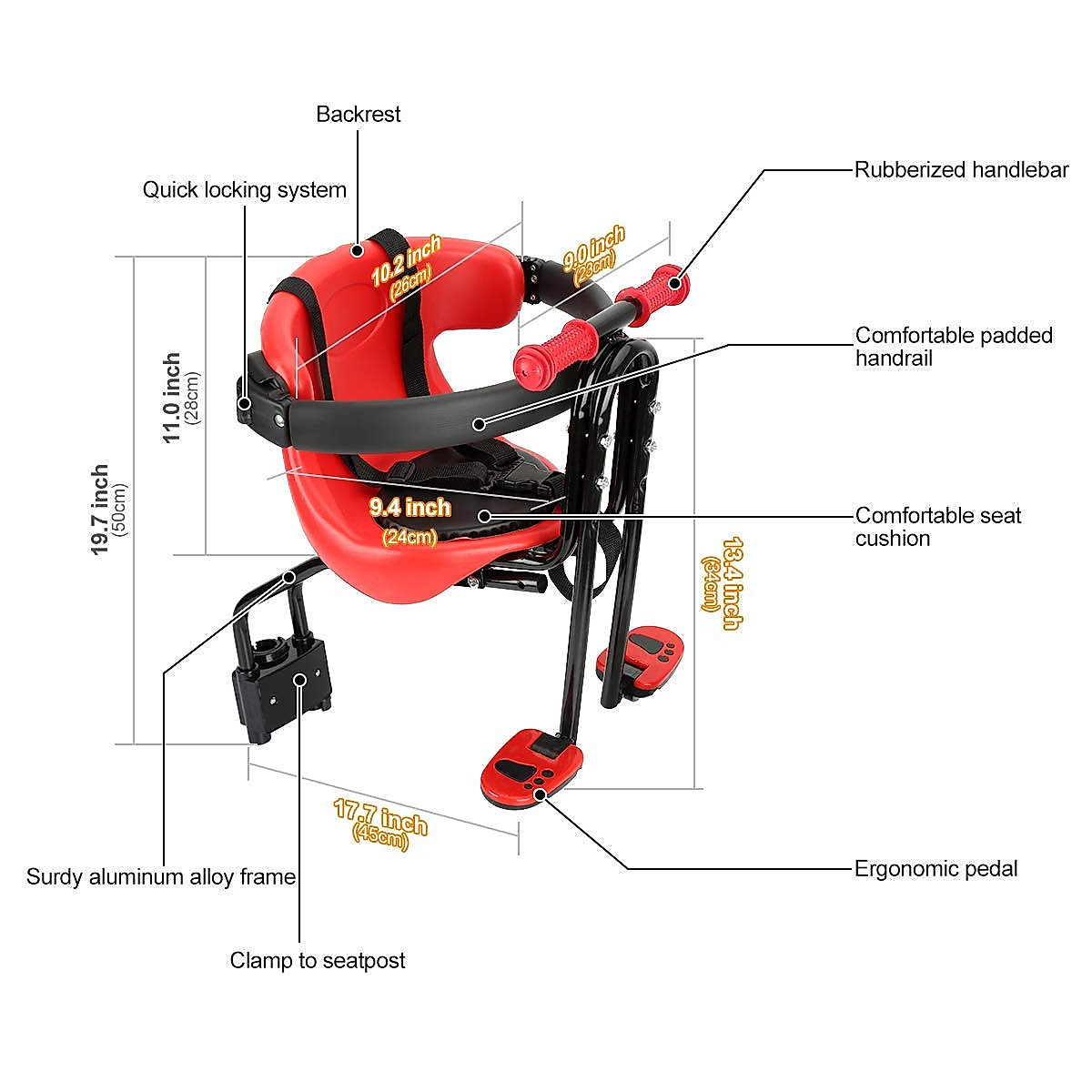 FORTOP Baby Bike Seat, Front Mount Kids Bike seat for Toddler with Safety Belt and Handrail, Compatilble with Adult Bike (Red)