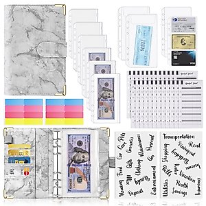 45 Pcs Budget Binder with Zipper Envelopes,PU Leather Money Organizer for Cash Bills Coupon Card, Budget Planner for Saving Money,Cash Envelopes for Budgeting,Money Saving Binder, Dark Marble Grey
