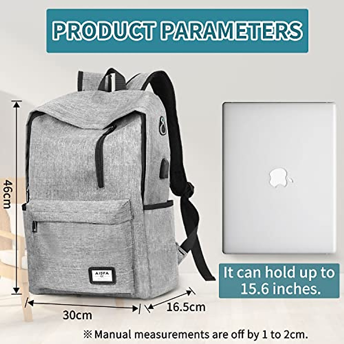AOPUN Laptop Backpack Travel Business Waterproof Backpack with USB Charging Port, Suitable for Travel, Camping, Business (Grey)