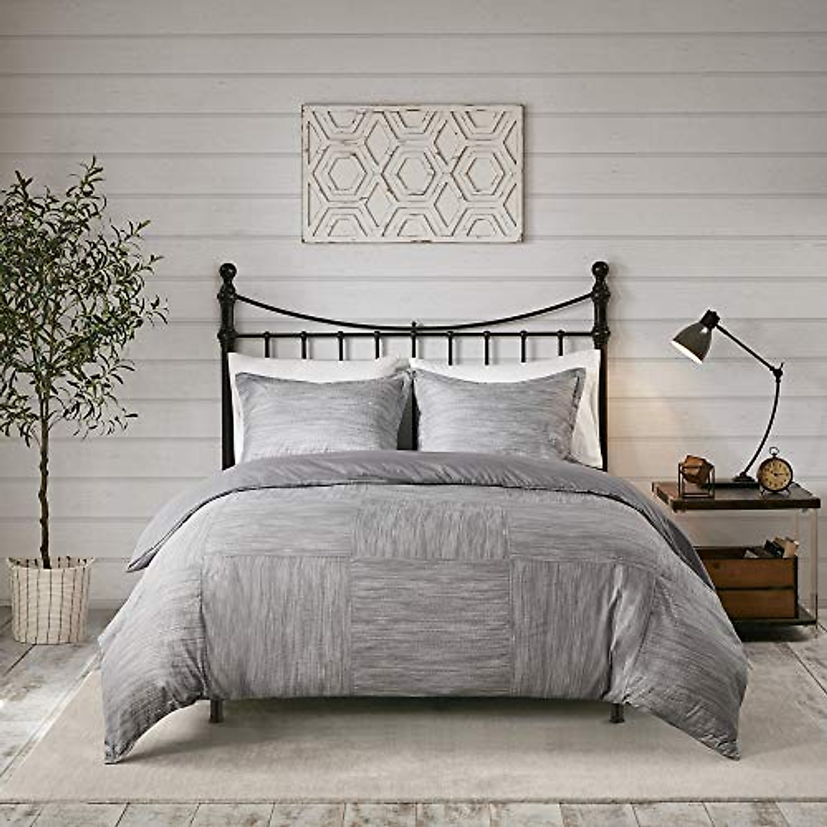 Madison Park Walter Duvet Set - Luxe Seersucker Print Modern Design, All Season Bedding, Matching Shams Grey Full/Queen(90"x90") 3 Piece