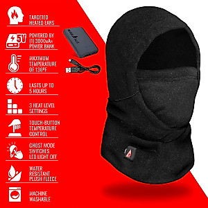 ActionHeat 5V Battery Heated Fleece Balaclava Face Mask Men - Winter Face Mask for Cold Weather, Unisex Heated Hat, One Size Black